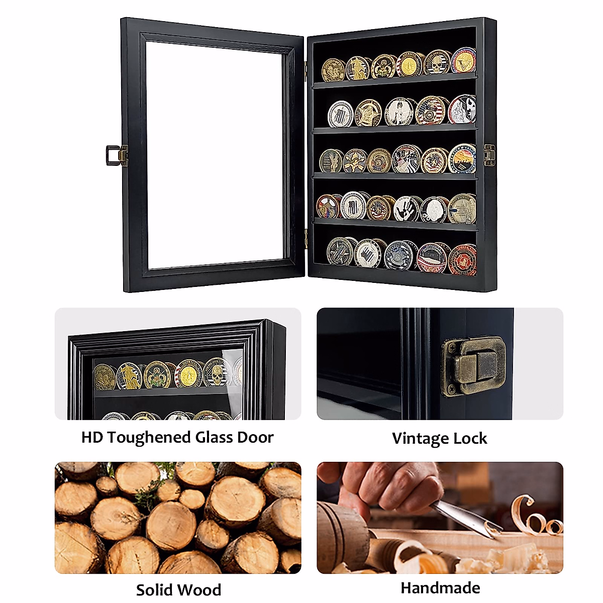 ASmileIndeep Military Challenge Coin Display Case Holder with HD Toughened Glass and Wall Mount, Wooden Coin Stand Rack with Removable 2 Grooves Shelves for Poker Chips Collectibles, Black…