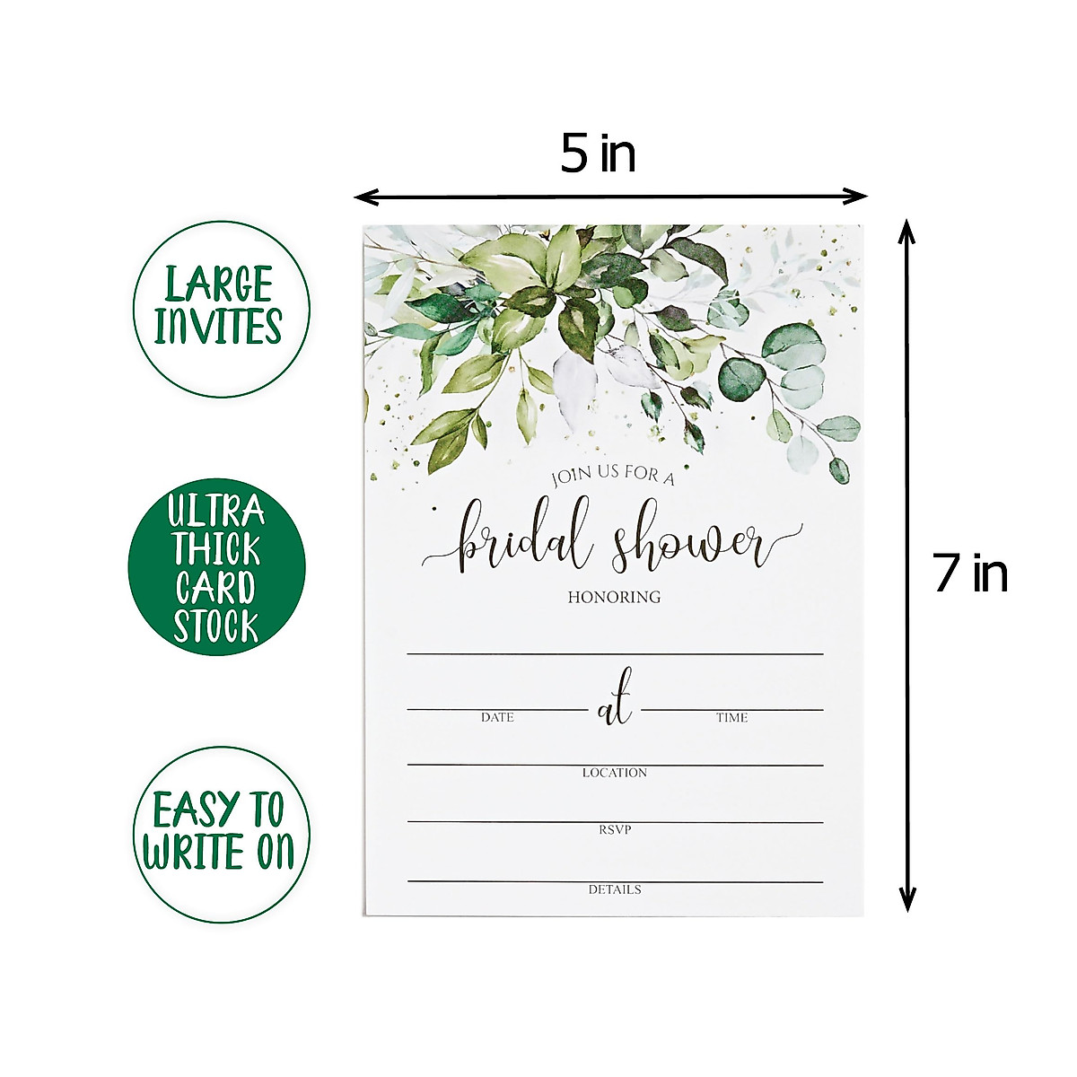 All Ewired Up 50 Greenery Eucalyptus Bridal Shower Invitations and 50 Envelopes, Boxed Set, Sage (Large Size 5x7) - (100 pieces)