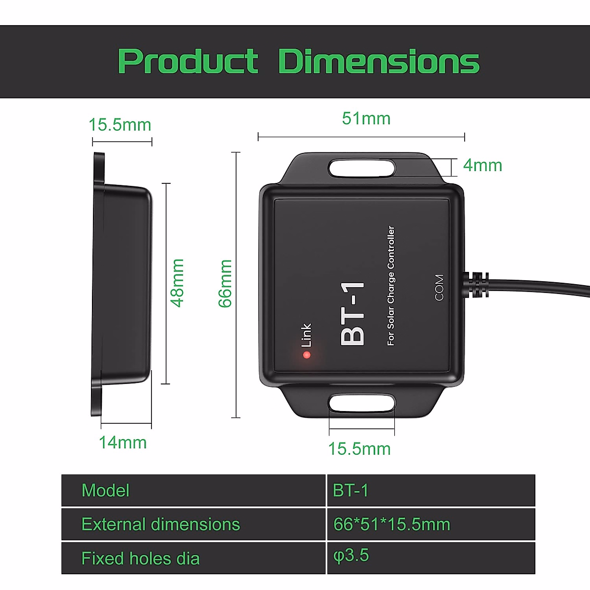 BT-1 Wireless Module RJ12 Communication Port for MPPT Solar Charge Controllers 20A/30A/40A, cooperates with Mobile Phone APP to Realize, Parameter Setting, and Data Viewing of The System, RS232