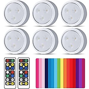 Brilliant Evolution 6-Pack Wireless RGB LED Lights - Battery Operated Puck Lights - Night Light - Color-Changing LED Under Cabinet Lighting - Wall, Cabinets, Shelf Light - with 2 Remotes