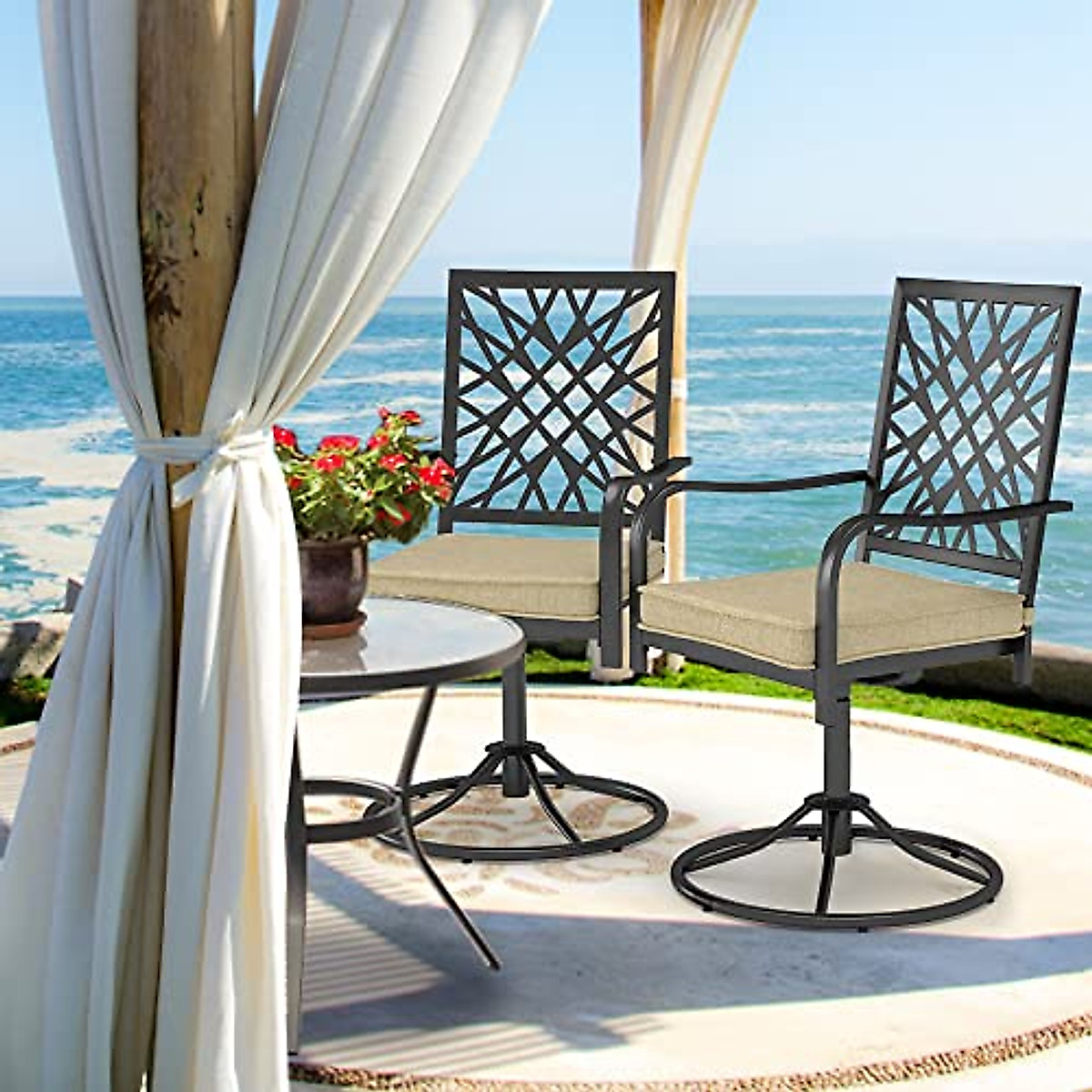 NSdirect Outdoor Swivel Chairs Set of 2, Patio Dninning Chairs with Cushion, Black Metal Bistro Arm, Rocking Chairs for Garden Backyard Lawn, Black and Khaki