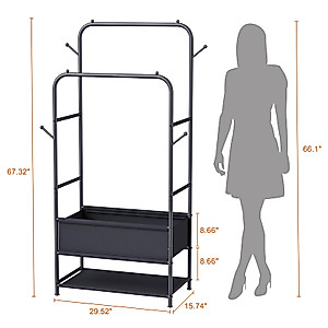 Furologee Double Rods Clothing Garment Rack with Storage Box,Clothing Rack for Hanging Clothes with 4 Side Hooks,Metal Frame Wardrobe Clothes Organizer for Bedroom,Living Room,Black