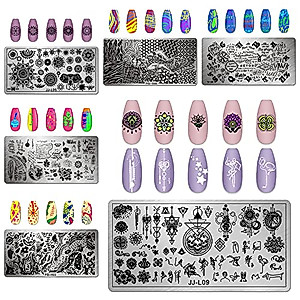 AddFavor 6pcs Nail Art Stamper Kit Flower Leaf Butterfly Geometry Nail Stamping Plates Template Stencils with 2 Stamp and 2 Scraper for Home Salon Manicure Design Tools