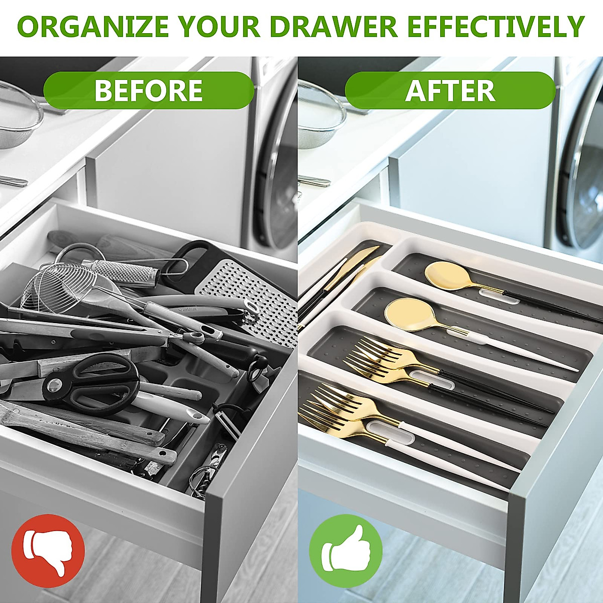 pyntop Kitchen Utensil Knife Drawer Organizer - Expandable Silverware Drawer Organizer with 2-Tier Removable Knife Holder, Adjustable Cutlery Organizer, Large Capacity Kitchen Utensil Tray