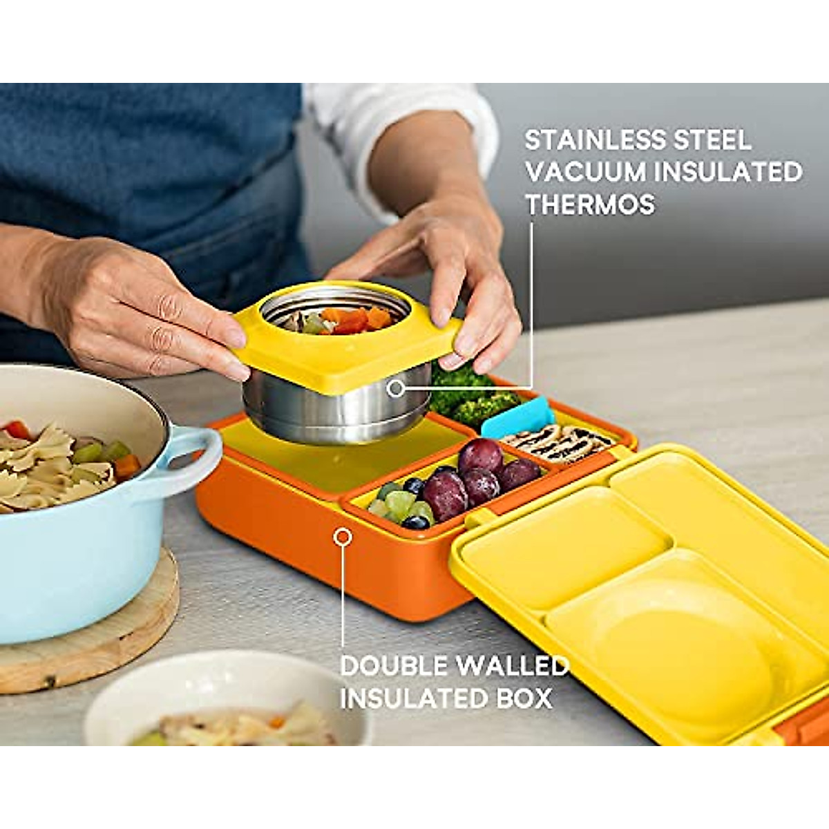 OmieBox Bento Box for Kids Insulated Bento Lunch Box with Leak Proof Thermos Food Jar, 3 Compartments + Yellow Blue Utensil Set with Case