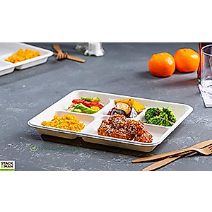 100% Compostable, 5 Compartment, Disposable Paper Plates [125-Pack] - {PFAS Free} - {BPA Certified} - [10 Inch] Heavy Duty Biodegradable Bagasse Sectional Lunch Trays + Dividers - Divided Platter Tray