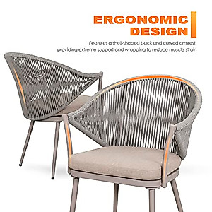 Nuu Garden Outdoor Dining Chairs Set 2, 2 Piece Bistro Dining Chairs, Rope Single Chair Set of 2 with Cushions, Coffee & Light Grey