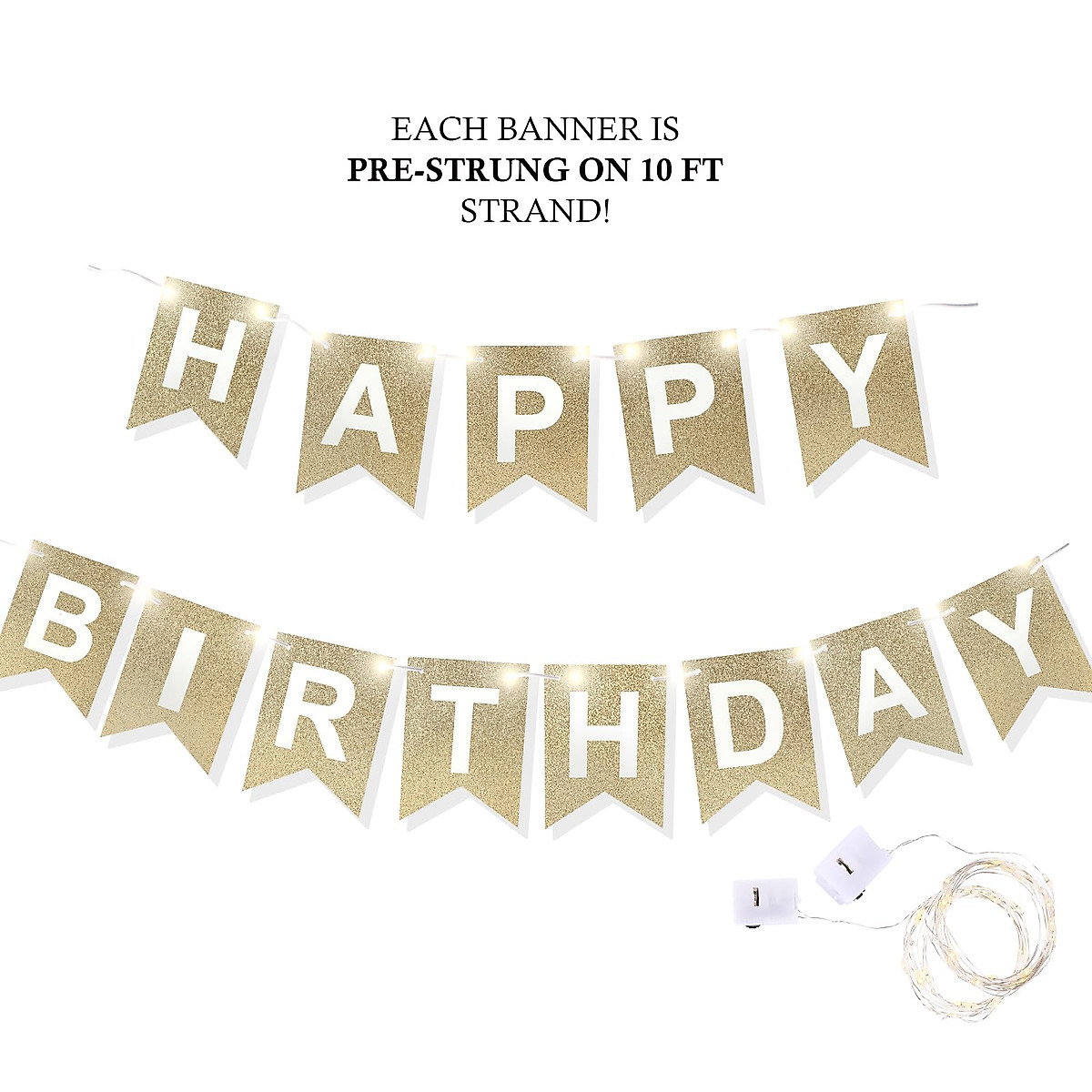 RUBFAC Pre-Strung Happy Birthday Banner - NO DIY - Gold Glitter Birthday Party Banner with 2pcs Fairy Lights for Birthday Party Decorations, Rose Gold Happy Birthday Sign