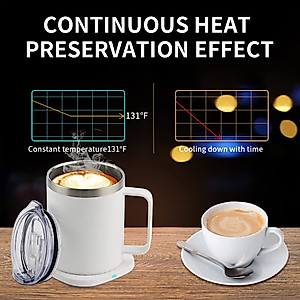 Self Heating Coffee Mug with Double-Layer 18/8 Stainless Steel,Coffee Mug Warmer Set,Fast Wireless Charger Includes,Heated Mug for Coffee (White 12oz)