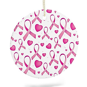 Breast Cancer Pink Ribbon Christmas Decorations Round Ceramic Hanging Ornament Xmas Decor for Christmas Tree Party