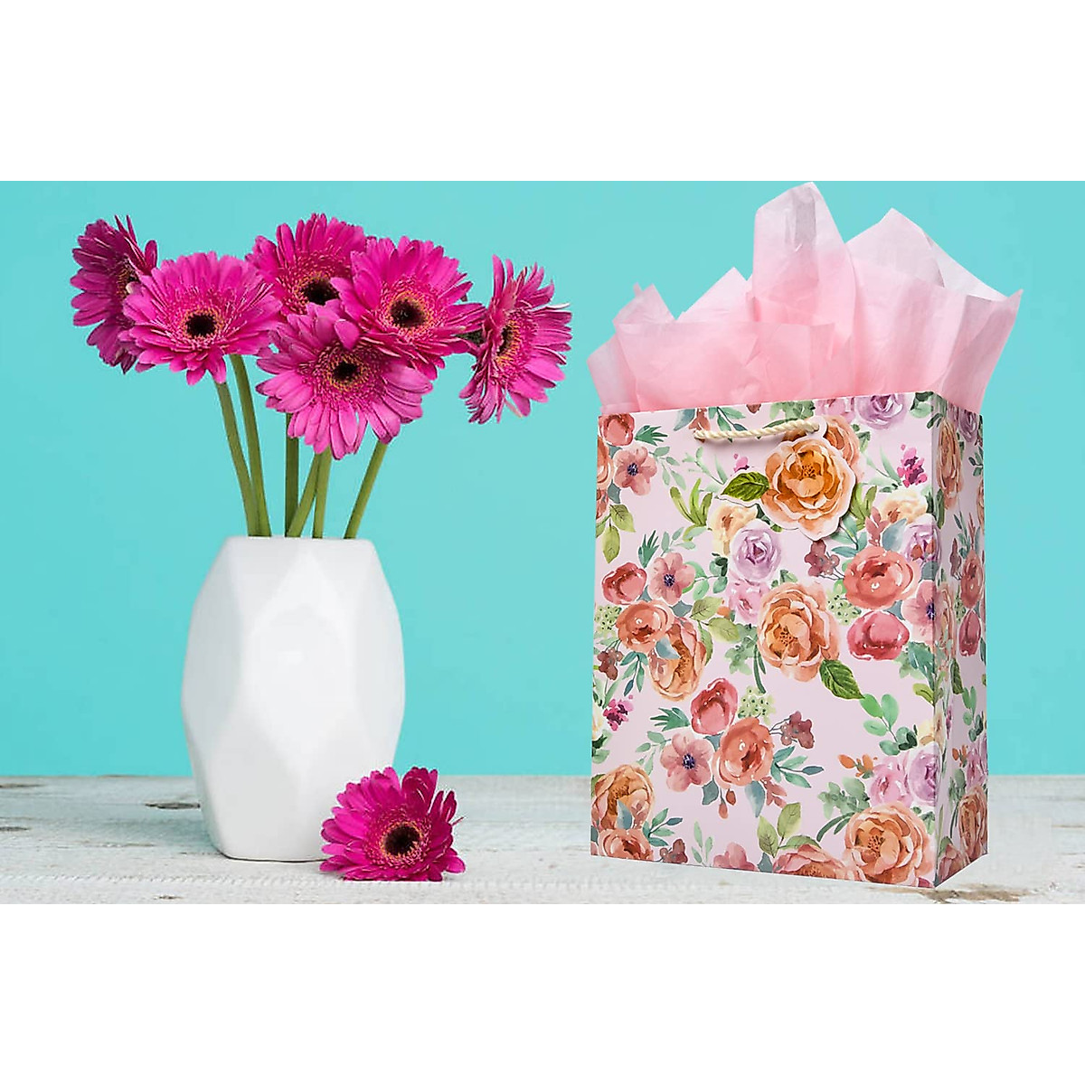Elephant-package 12.6" Large Flower Gift Bag with Tissue Paper and greeting card, for Girls Women Birthday Gift Packing, Mothers Day, Valentine's Day, Bridal Shower, (Pink Rose)