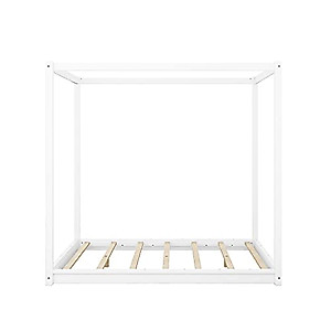 FIQHOME Queen Size Canopy Platform Bed with Support Legs,Four-Poster Canopy Platform Bed Frame with Headboard, Wooden Queen Bed with Support Legs,for Kids Teens Adults, No Box Spring Needed,White