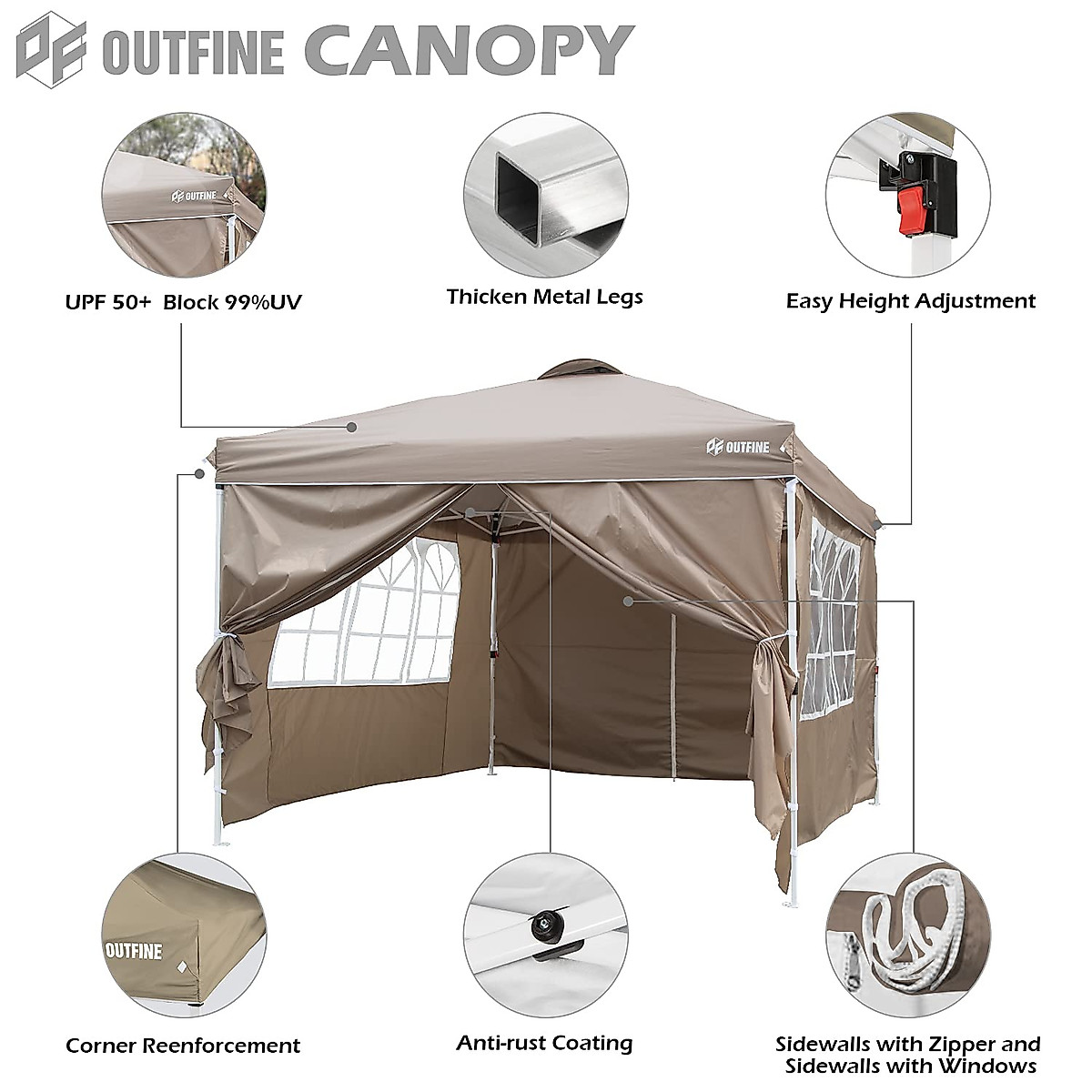 OUTFINE Patio Canopy 10'x10' Pop Up Commercial Instant Gazebo Tent, Outdoor Party Canopies with 4 Removable Sidewalls, Stakes x8, Ropes x4 (Khaki, 10 * 10FT)
