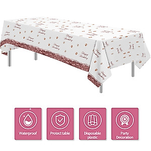 Xigejob Happy Birthday Decorations Tablecloth, Disposable Birthday Party Supplies Table Covers, Rose Gold Table Cloth for Women 30th 40th 50th 60th 70th 80th 90th Birthday | 2 Pack (54in x 108in)