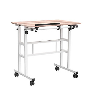 DlandHome Adjustable Rolling Desk Standing Desk, Sit-Stand Desk Cart Mobile Computer Desk Stand Up Desk Office Desk Riser Standing Table Workstation Mobile Desk, Oak