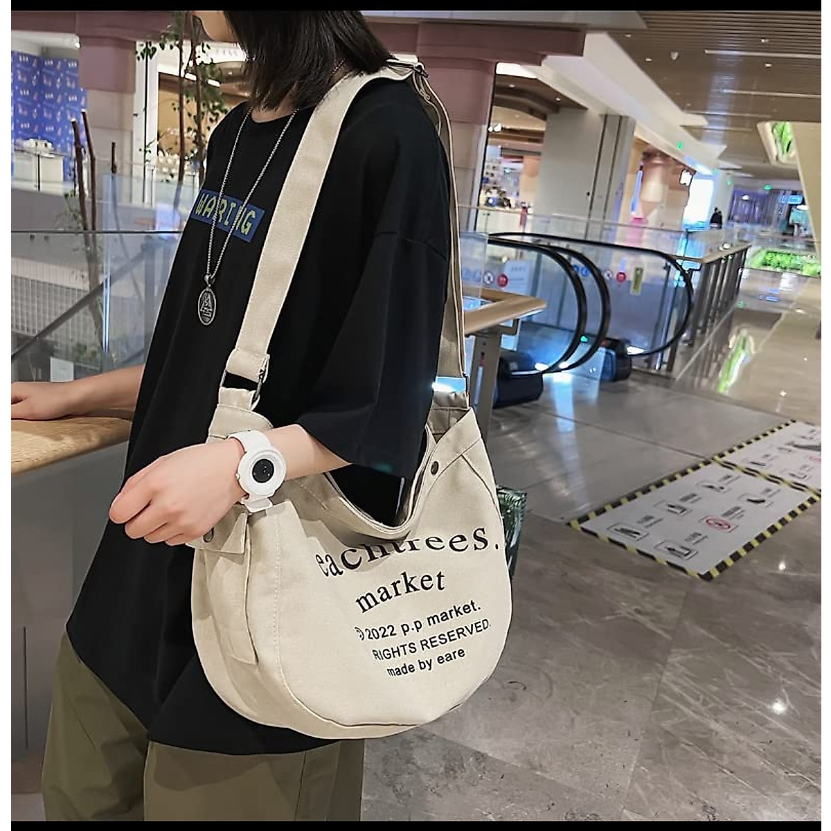 Vintage Grunge Tote Bag with Zipper Hobo Bags for Women Canvas Crossbody Tote Y2k Aesthetic Hippie Bag Fairycore Clothes (Beige)