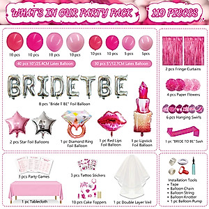 Party Spot! 119 PCS Bachelorette Party Decorations, Latex Balloons, "BRIDE TO BE" Balloons, Tablecloth, Veil, Cake Topppers, Pink Bridal Shower Party Decorations, Balloon Pump