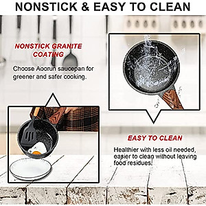 Aoorun Saucepan with Lid, 1.5 Quart Sauce Pan, Small Soup Pot, Nonstick Milk Pan with Granite Coating & Solid Wood Handle, Induction Compatible