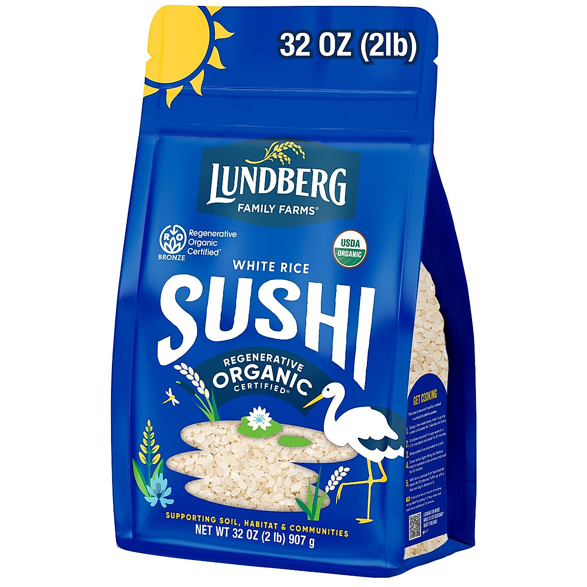Lundberg Sushi Rice, Sticky White Japanese-Style Short Grains, Regenerative Organic Certified, 32 Oz