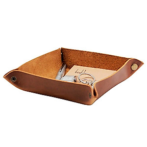 boshiho Valet Tray for Men, Leather Jewelry Catchall Key Phone Coin Box Change Caddy Bedside Storage Box (Crazy Horse Leather - Light Brown)