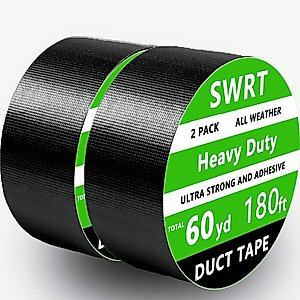 SWRT 2Inch 180ft/60yd Black Heavy Duty Duct Tape Strong Adhesive,2-Pack Duct Tape Heavy Duty Waterproof All Weather Black Duct Tape No Residue Sealing & Patching for Indoor&Outdoor Repair