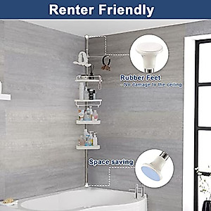 Corner Shower Caddy Tension Pole - Standing Shower Caddy Shelves Rustproof,Stand Up Shower Caddy Rack Organizer for Bathroom,Bathtub,with 1 Upper Shelf, 3 Lower Shelves