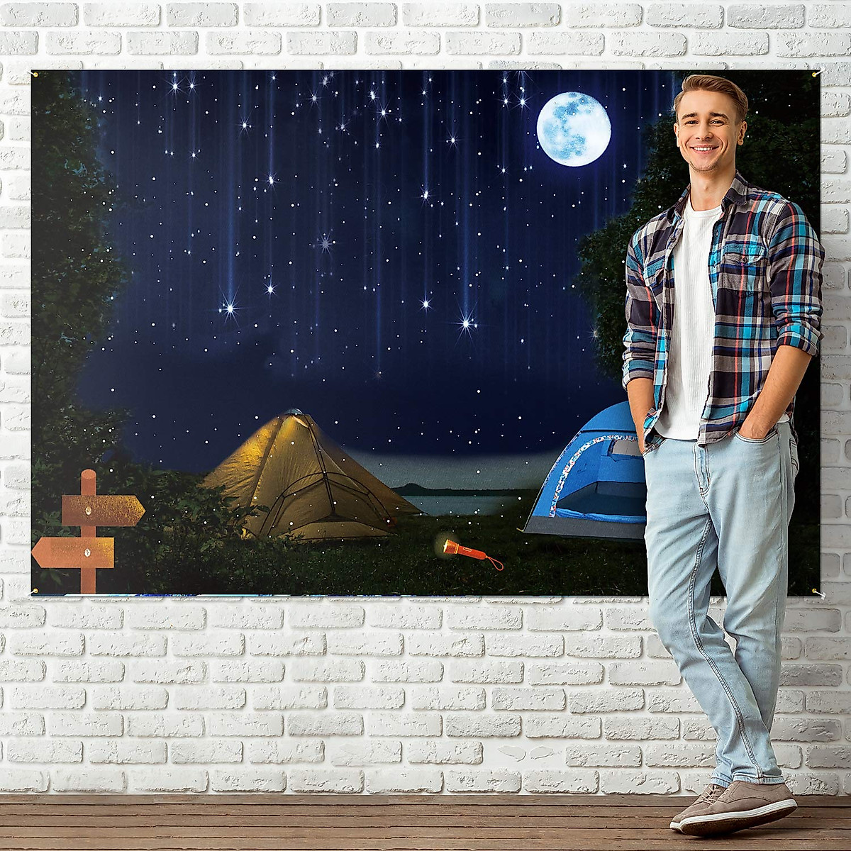 PAKBOOM Meteor Shower Forest Camp Backdrop Banner - Camping Theme Birthday Party Decorations Photo Booth Supplies - 3.9 x 5.9ft