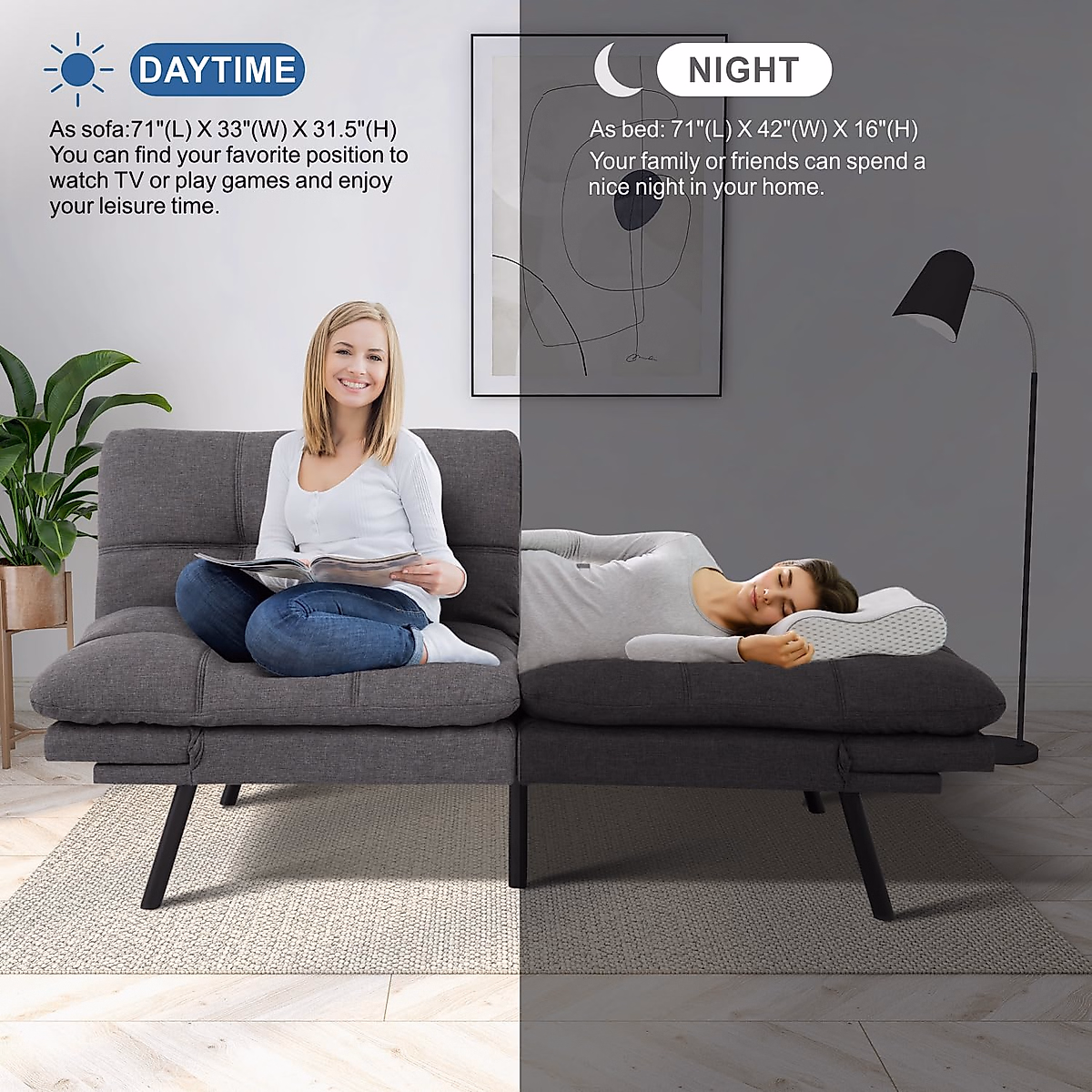 MUUEGM 71" Sofa Bed with Memory Foam,Futon Sofa Bed with Adjust Backrest and Armrest, Couches for Living Room,Studios, Apartments, Dormitories, Offices and Game Rooms. Grey Sofa