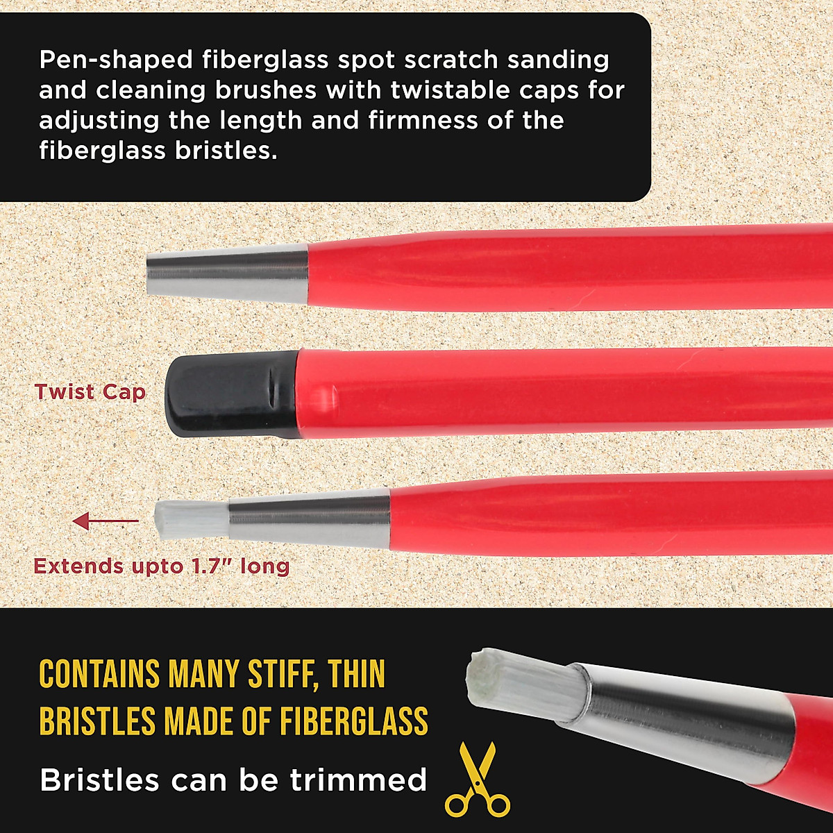 Dura-Gold Fiberglass Spot Scratch Brush Pen Tool, Pack of 3 - Clean, Sand, Scuff Surfaces, Remove Rust & Corrosion, Prep Sanding Auto Paint Scratches for Painting - Polish Metals, Cleaning Electronics