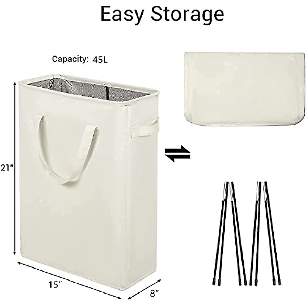 ZERO JET LAG Slim Laundry Hamper 45L, Freestanding Laundry Hamper 72L Large Laundry Basket Handles Waterproof Durable Clothes Hamper
