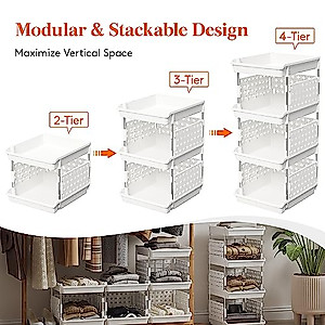 Lifewit Plastic Stackable Storage Baskets, 4 Tier Stacking Bins for Closet Wardrobe, Playroom, Kitchen and Pantry Organization, Large Capacity Multi-Functional Stackable Storage Containers Shelves