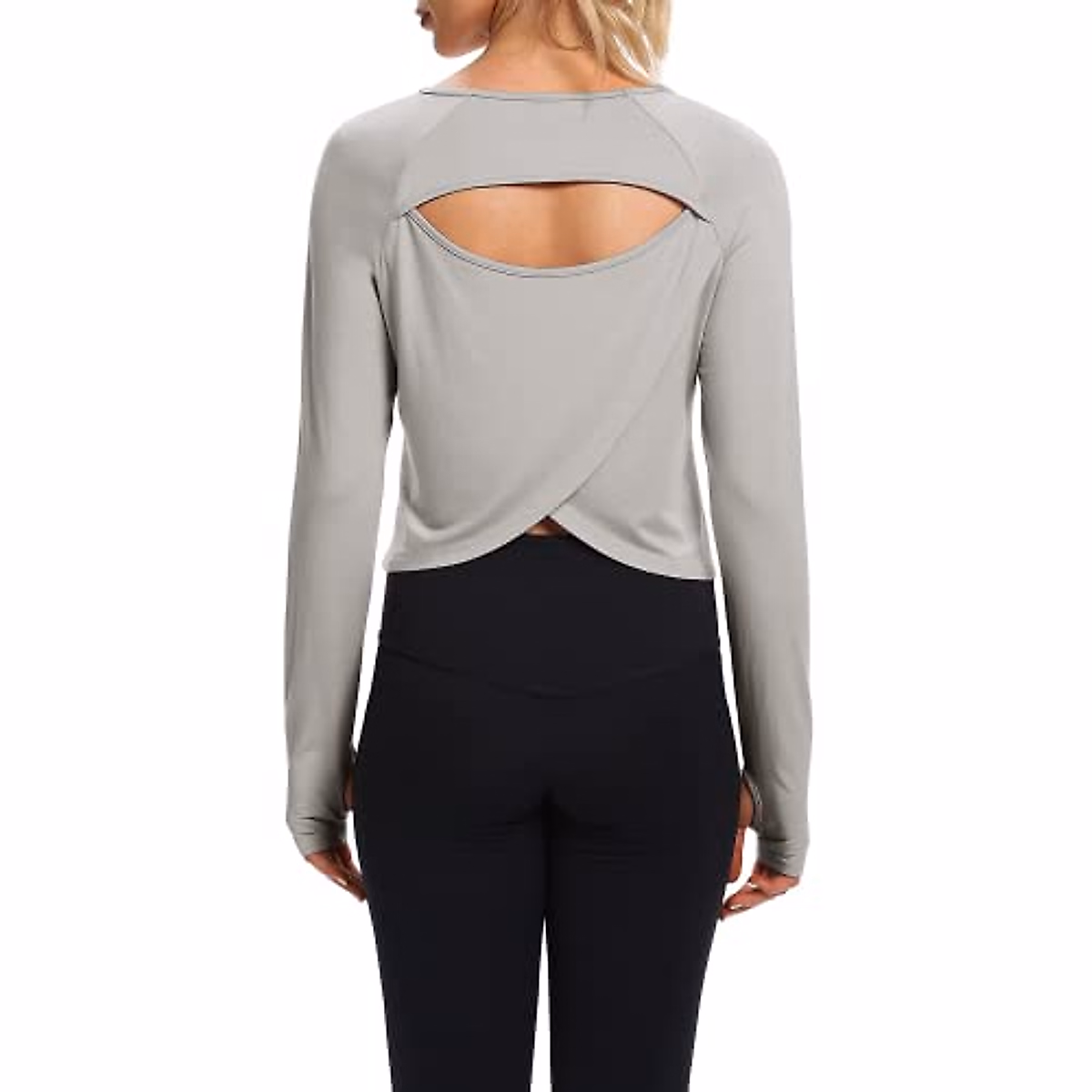 Bestisun Cute Crop Top Backless Long Sleeve Workout Yoga Exercise Tops Running Shirts Yoga Gym Training Clothing Athletic Wear for Women Light Gray L