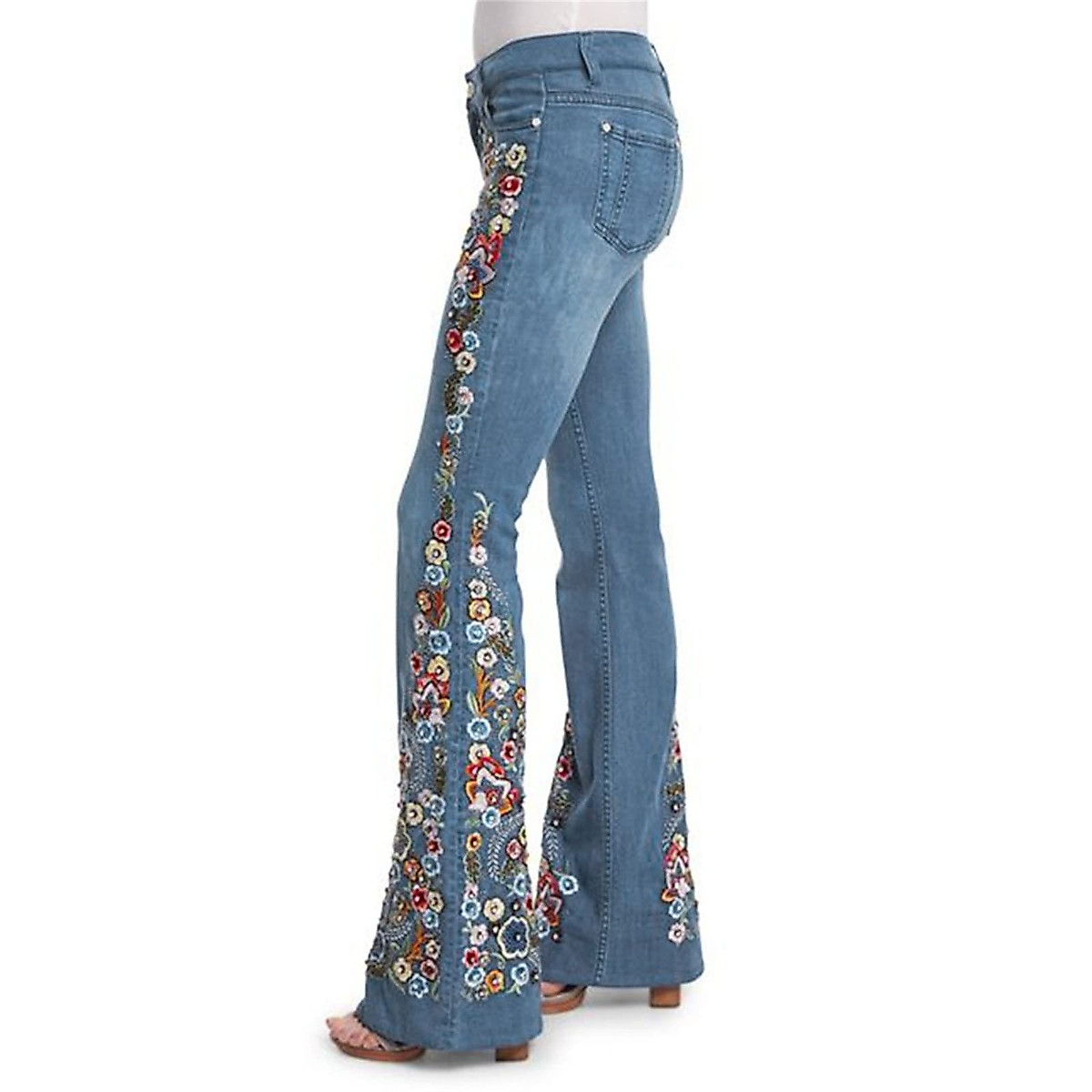 Women's Embroidery Destoryed Flare Jeans Button Waist Bell Bottom Summer Casual Trouser Comfortable Denim Pants（Light Blue,XX-Large）