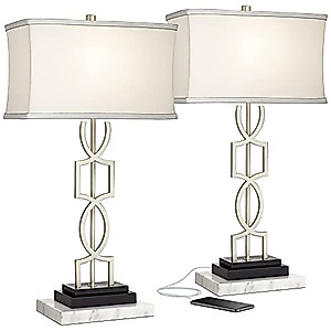 360 Lighting Evan Modern Table Lamps with White Marble Risers USB Charging Port 28 1/2" Tall Set of 2 Brushed Nickel Rectangular Shade for Bedroom Living Bedside Nightstand Home Office Desk
