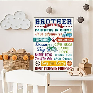 KAIRNE Brother Rules Wall Art,Boys Playroom Sign Prints,Truck Poster Inspirational Kids Room Decor(12x16inch,framed) Basketball Football Picture Brother Sign Construction decor for Boys Room Nursery