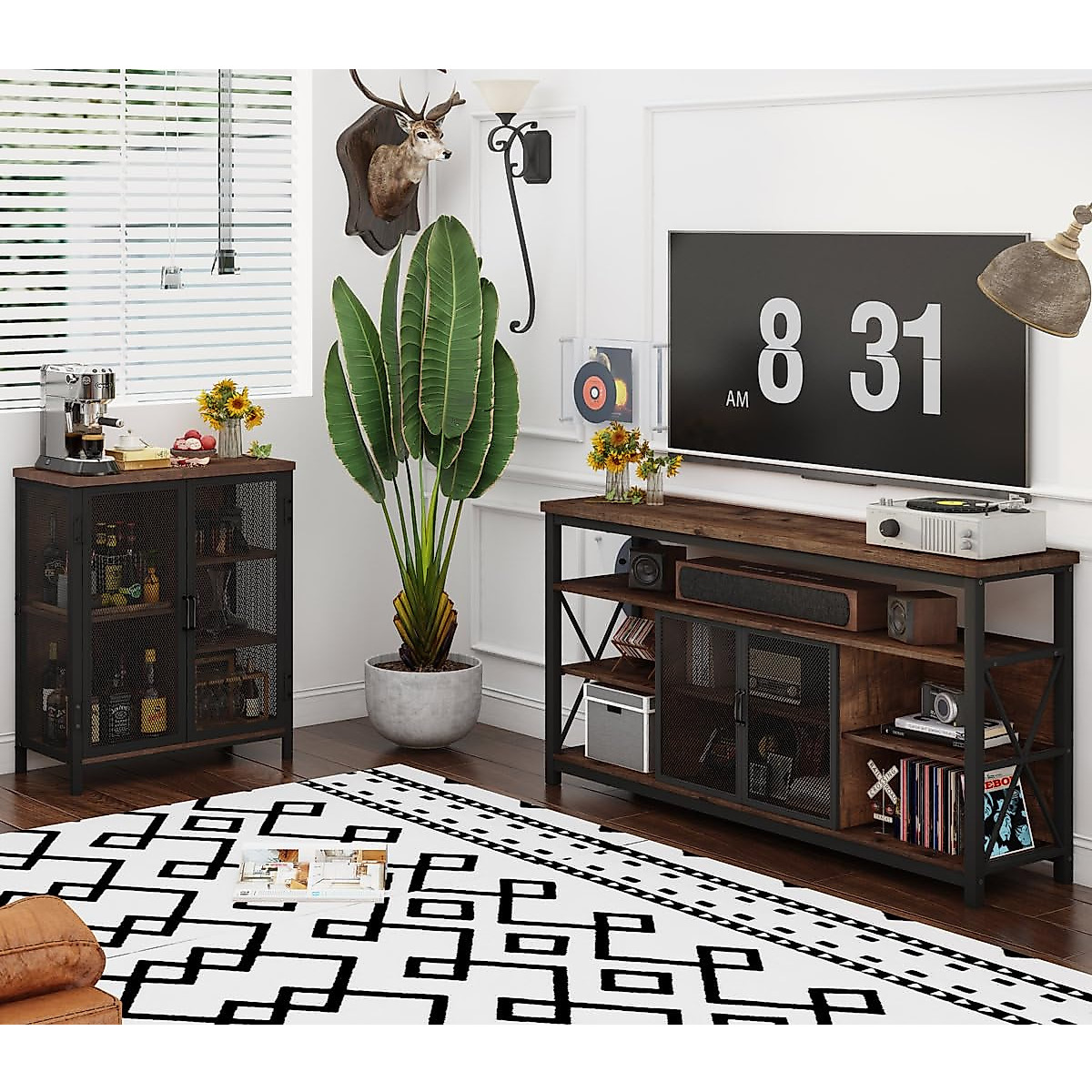 BON AUGURE Coffee Bar Cabinet for Liquor, Small Storage Cabinet for Home Kitchen, Farmhouse Buffet Sideboard Table Station, Whiskey Alcohol Cabinets for Dining Living Room (2 Doors, Rustic Oak)