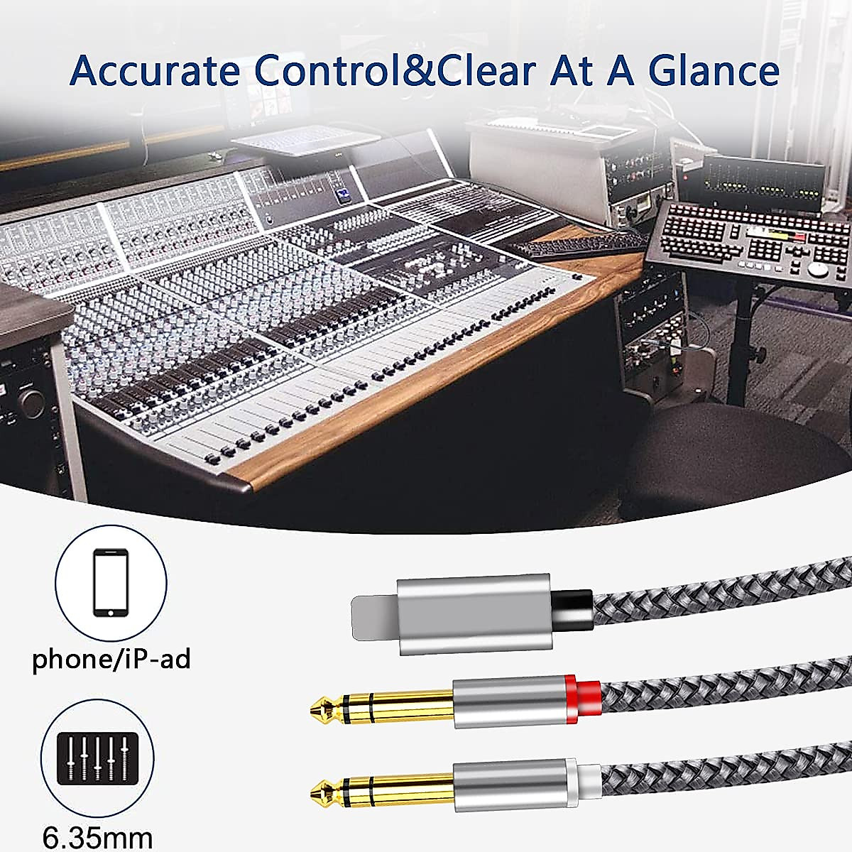 Lighting to Dual 6.35mm 1/4" TS Mono Stereo Y-Cable Splitter Lightnoing to Dual 1/4 inch Audio Cable Compatible for i-Phone14/13/12/11/X/8/7/iPad,Amplifier, Speaker, Headphone, Mixing Console 6.6FT