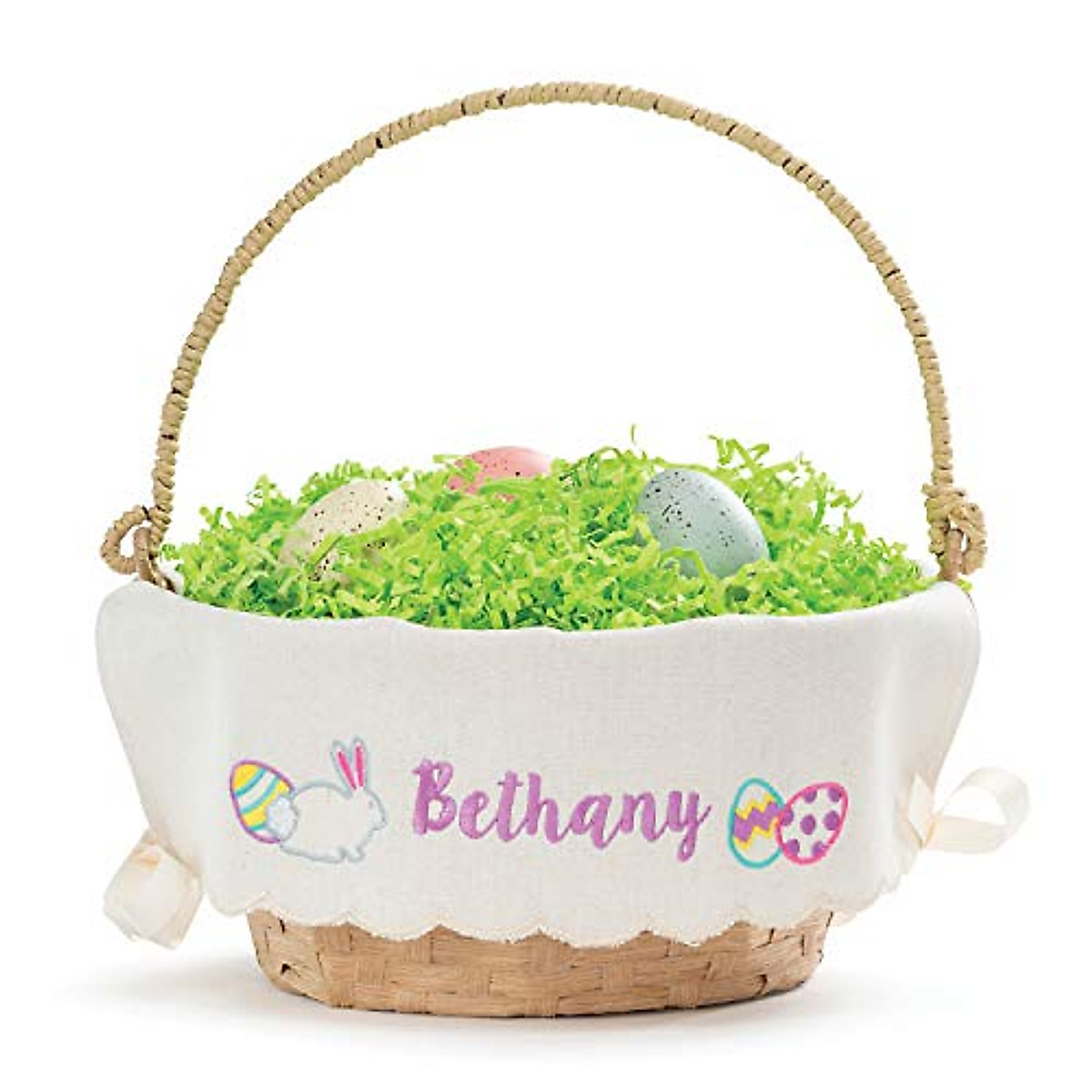 Bunny and Eggs Personalized Easter Egg Basket with Handle and Custom Name | Scallop Edge Linen Easter Basket Liners | Tan Basket | Woven Easter Baskets for Kids | Customized Easter Basket