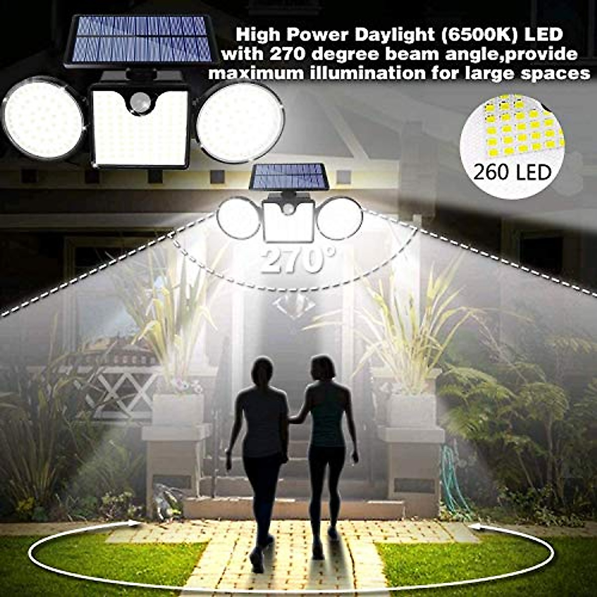 Fatpoom Solar Lights Outdoor 260 LED Solar Powered Wall Lights with Motion Sensor Dual Head Spotlights IP65 Waterproof 360° Adjustable Solar Motion Lights Outdoor for Front Door Yard Garden (2 Pack)
