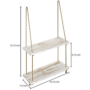 MyGift Shabby Chic Whitewashed Wood 2 Tier Floating Shelves Bathroom Shelf with Hanging Rope, Decorative Swing Display Shelf for Kitchen, Bedroom and Living Room