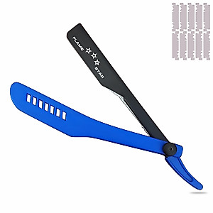 Royal Blue Black Straight Edge Barber Razor, Durable Plastic Handle Slide out Razor for Men with 10 Blades by "FLAME STAR''