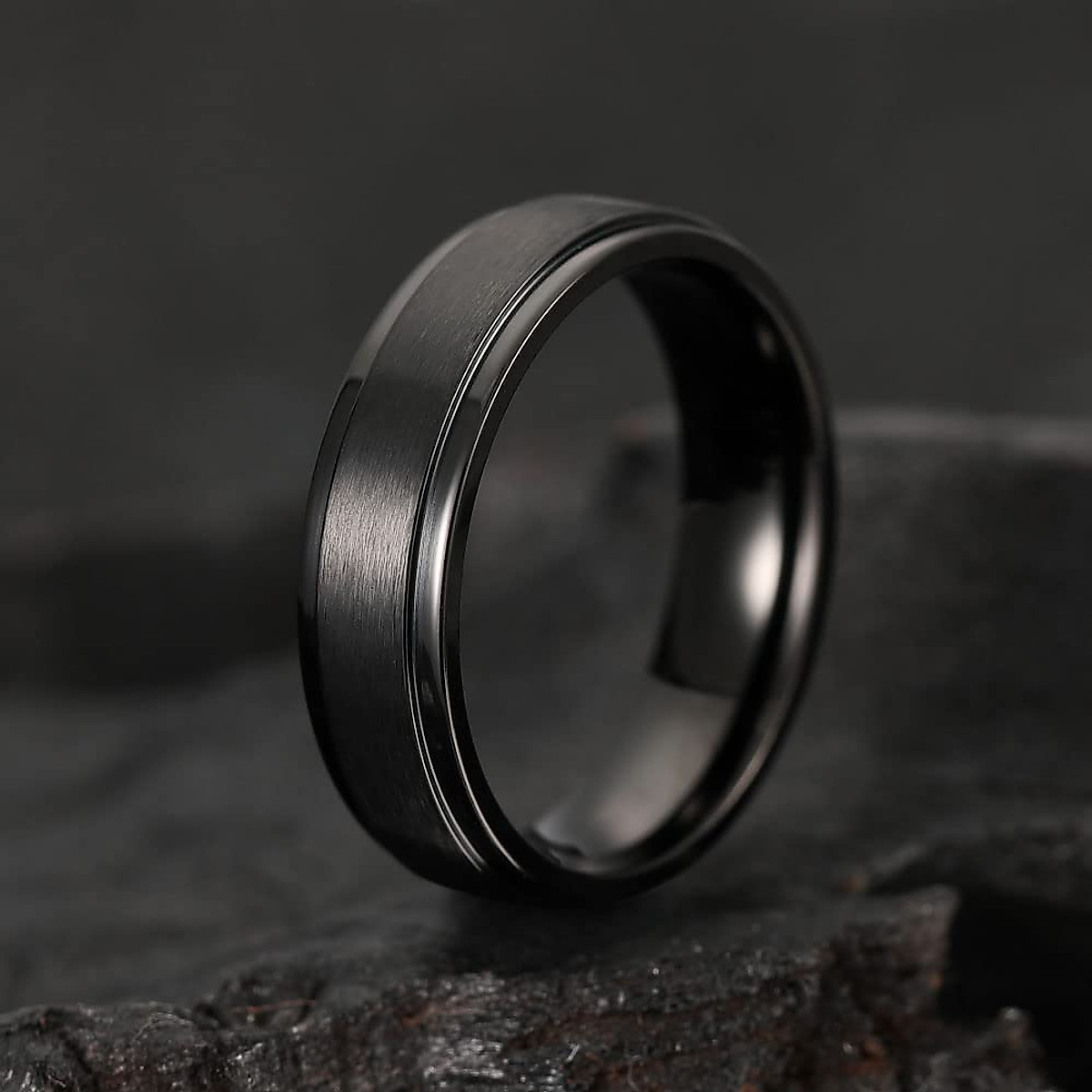 THREE KEYS JEWELRY Womens Rings Unique Black Titanium for Woman Brushed Flat Ring 6mm Wedding Band Gifts Bands Rings for Women size 8.5