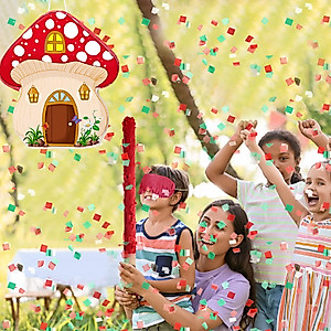 Mushroom Piñata with Stick and Blindfold Fairy Piñata 3D Mushroom Shaped Piñata for Kids Birthday Party Mushroom Hanging Decoration Piñata for Forest Jungle Woodland Baby Shower Party Supplies