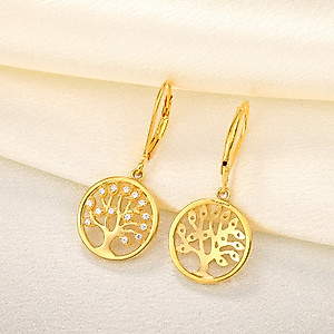 JO WISDOM 925 Sterling Silver Family Gold Tree of Life Drop & Dangle Leverback Earrings