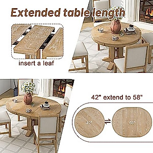 POCIYIHOME 4 Upholstered Farmhouse Round 16" Leaf, Set of 5, Family Chair Restaurant, Kitchen (Natural Wood Wash), 5 Piece Extendable Dining Table Set