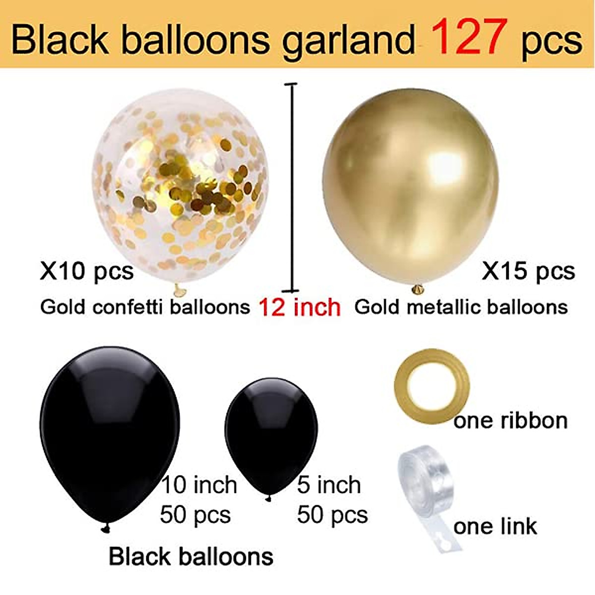 Black and Gold Balloons Garland 127 pcs Confetti Metallic Latex Balloons kit for Anniversary Birthday Christmas Graduation or Friend & Family Party Decorations.