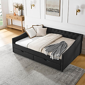 Flieks Linen Upholstered Full Daybed with Two Storage Drawers, Full Size Button Tufted Sofa Bed Daybed with Nailhead Trim and Wood Slat Support (Black)