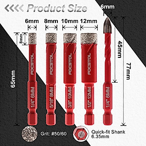 Dry Diamond Drill Bits Set - FOCSTOL 4pcs 6/8/10/12mm Diamond Hole Saw & 1pc 6mm Carbide Drill with Quick Change Hex Shank for Ceramic Porcelain Tile Marble Granite Quartz