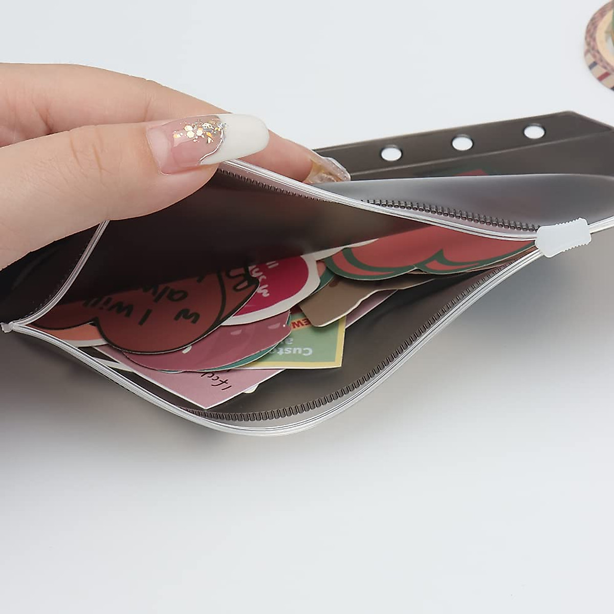 A6 Binder Pockets Black Zipper Pouches Translucent PVC Cash Budget Envelopes 12pcs 6 Hole Document Folders for A6 Binder, Cash Organizer Folder (A6)