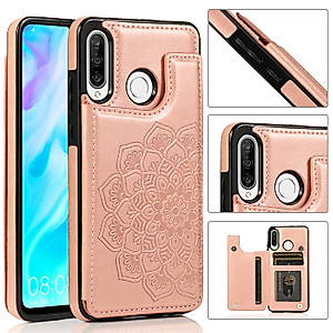 Asuwish Compatible with Huawei P30 Lite Case and Tempered Glass Screen Protector Cell Accessories Card Holder Slot Stand Kickstand Flip Wallet Phone Covers for Hawaii P30Lite P 30 30Lite 30P Rose Gold
